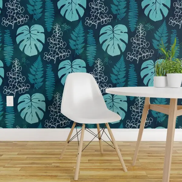 Spoonflower Dark Green Teal Tropical Leaves Jungle Bohemian Traditional Wallpaper - Blue,green,turquoise