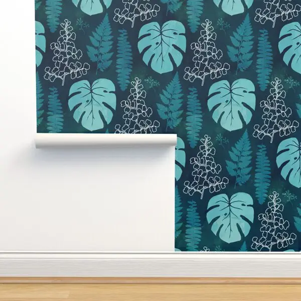 Spoonflower Dark Green Teal Tropical Leaves Jungle Bohemian Traditional Wallpaper - Blue,green,turquoise