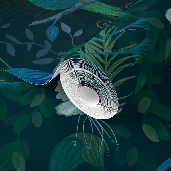 Spoonflower Night Birds Jungle Large Bird Pink Blue Flowers Traditional Wallpaper - Green,purple,blue