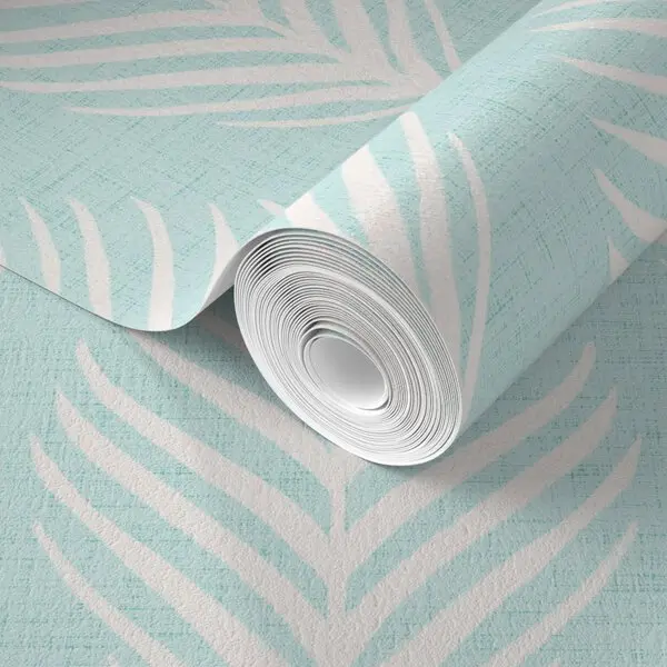 Spoonflower Palm Cream Aqua Coastal Minimal Home Beach Traditional Wallpaper - Blue,beige,teal