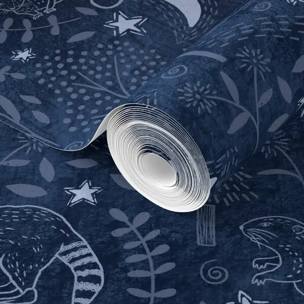 Spoonflower Night Time Forest Denim Blue Owl Animals Navy Fox Traditional Wallpaper