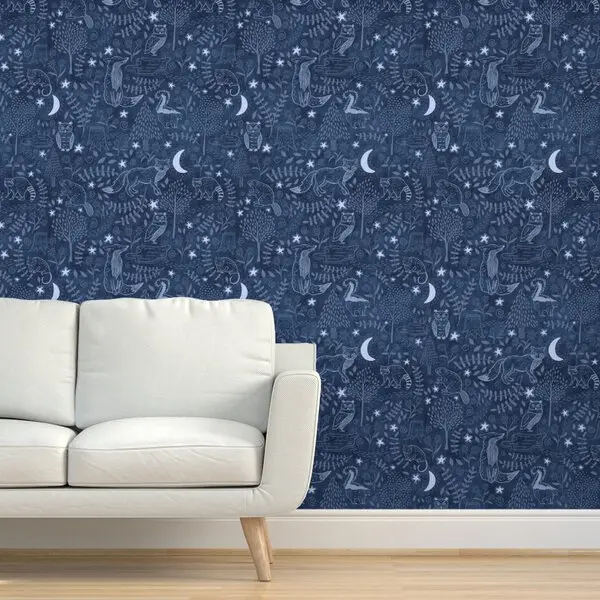 Spoonflower Night Time Forest Denim Blue Owl Animals Navy Fox Traditional Wallpaper