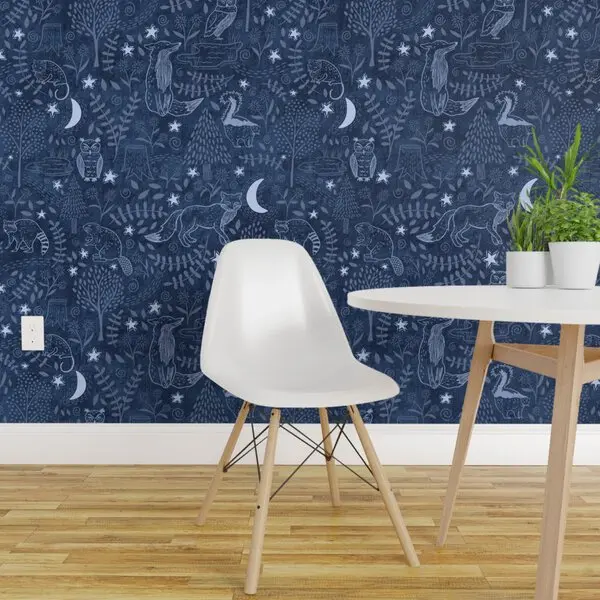 Spoonflower Night Time Forest Denim Blue Owl Animals Navy Fox Traditional Wallpaper