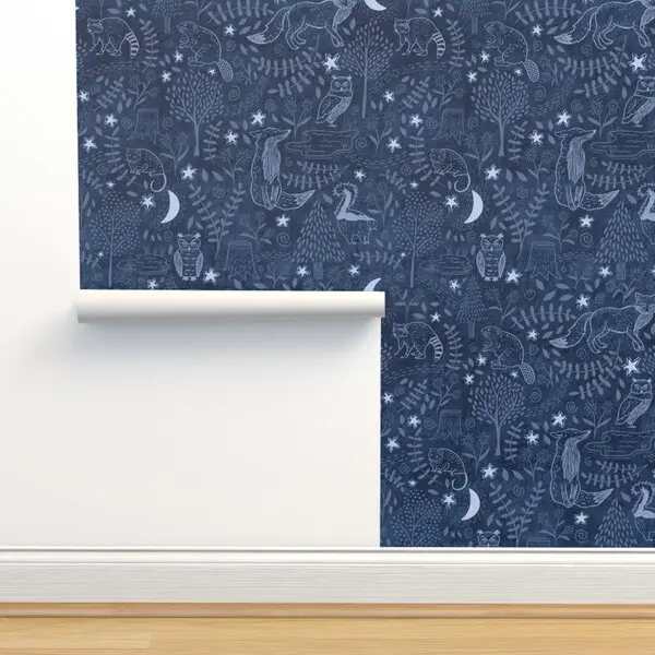 Spoonflower Night Time Forest Denim Blue Owl Animals Navy Fox Traditional Wallpaper
