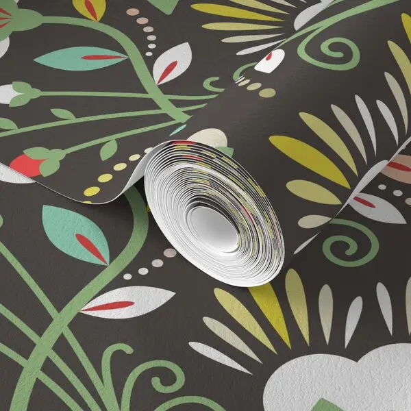 Spoonflower Scandi Flower White Green Red Floral Botanical Traditional Wallpaper - Green,brown,gray