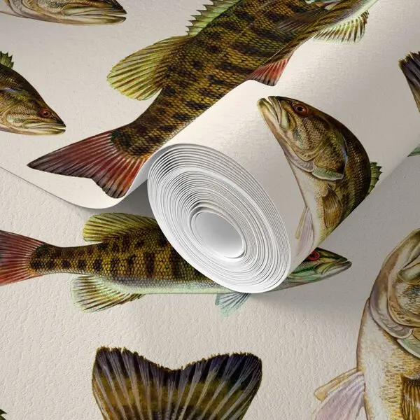 Spoonflower Fish Bass Animal Fishing Traditional Wallpaper - Beige,green,gray