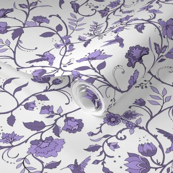 Spoonflower Hummingbird Chintz Purple Flowers Periwinkle Traditional Wallpaper - Purple,white