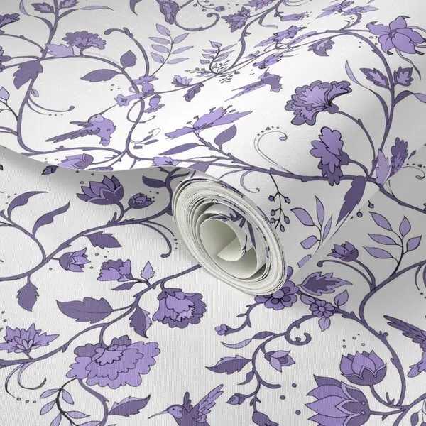 Spoonflower Hummingbird Chintz Purple Flowers Periwinkle Custom Pre-pasted Wallpaper - Purple,white