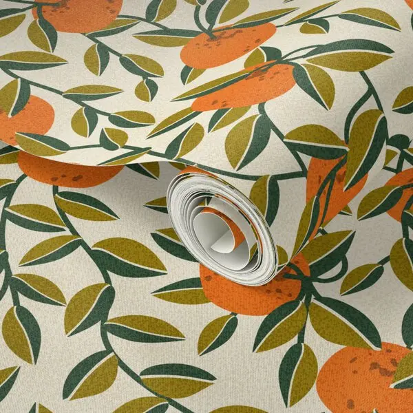 Spoonflower Orange Orchard Classic Farm Vintage Citrus Summer Custom Pre-pasted Wallpaper - Orange,green
