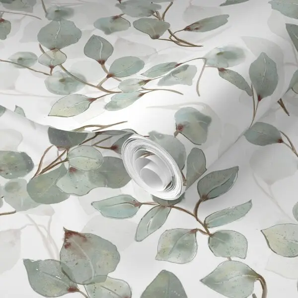 Spoonflower Eucalyptus Leaves Floral Spring Botanical Custom Pre-pasted Wallpaper - Green