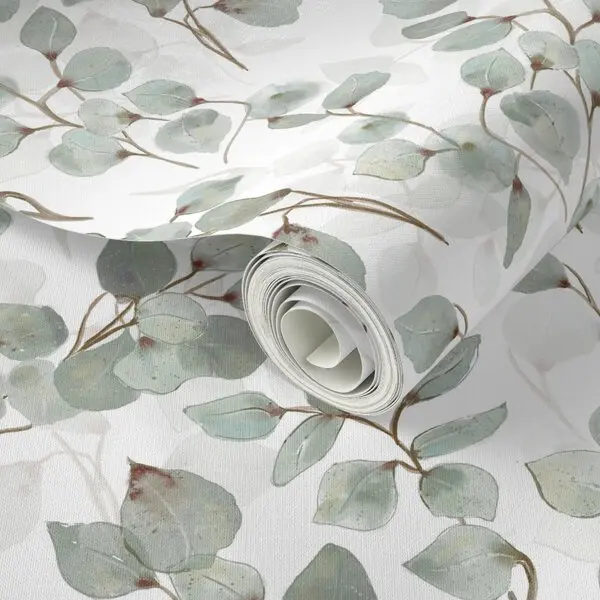 Spoonflower Eucalyptus Leaves Floral Spring Botanical Custom Pre-pasted Wallpaper - Green