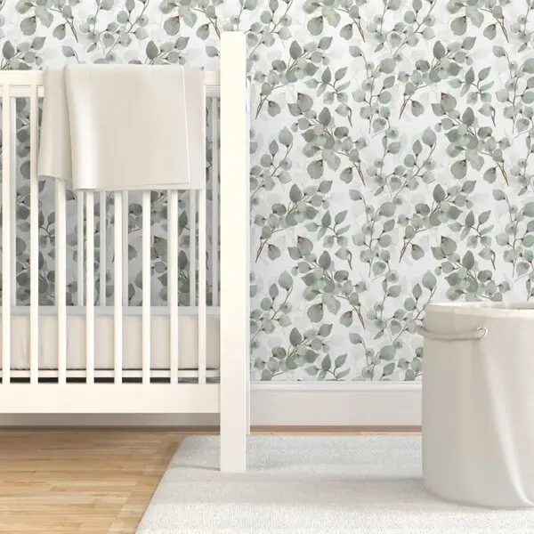Spoonflower Eucalyptus Leaves Floral Spring Botanical Custom Pre-pasted Wallpaper - Green