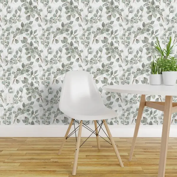 Spoonflower Eucalyptus Leaves Floral Spring Botanical Custom Pre-pasted Wallpaper - Green