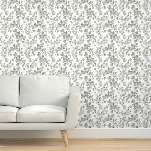 Spoonflower Eucalyptus Leaves Floral Spring Botanical Custom Pre-pasted Wallpaper - Green