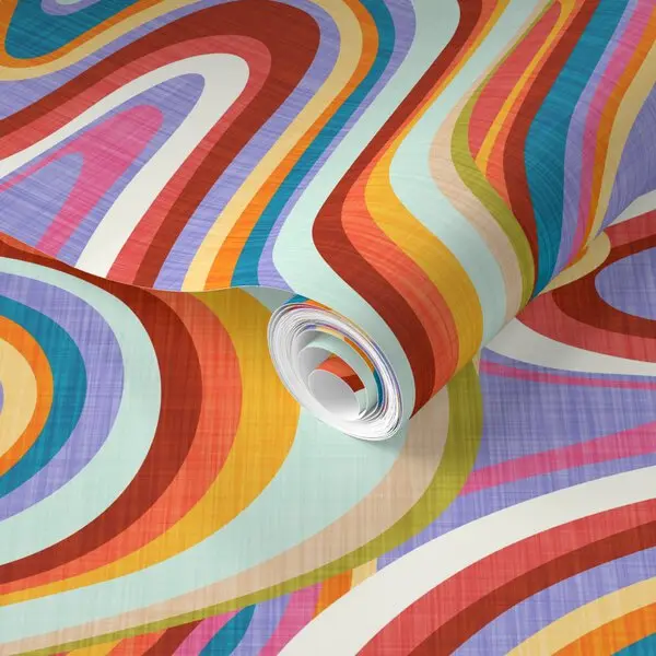 Spoonflower 70s Lilac Yellow Orange Psychedelic Turquoise Custom Pre-pasted Wallpaper - Purple,orange,yellow