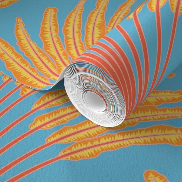 Spoonflower Orange Blue Art Deco Beach Tropical Hawaiian Traditional Wallpaper - Blue,orange
