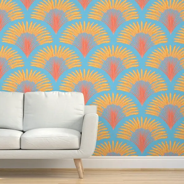 Spoonflower Orange Blue Art Deco Beach Tropical Hawaiian Traditional Wallpaper - Blue,orange