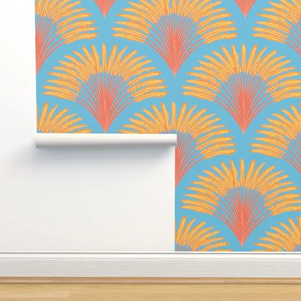 Spoonflower Orange Blue Art Deco Beach Tropical Hawaiian Traditional Wallpaper - Blue,orange