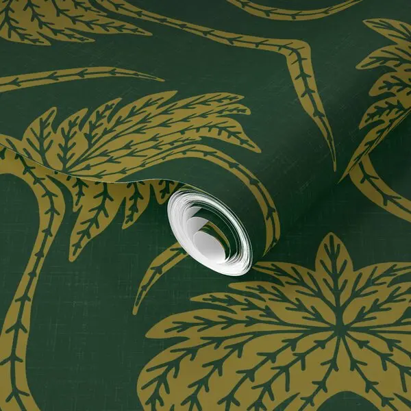 Spoonflower Novelty Dark Green Gold Funky Tropical Custom Pre-pasted Wallpaper - Green,gold,yellow