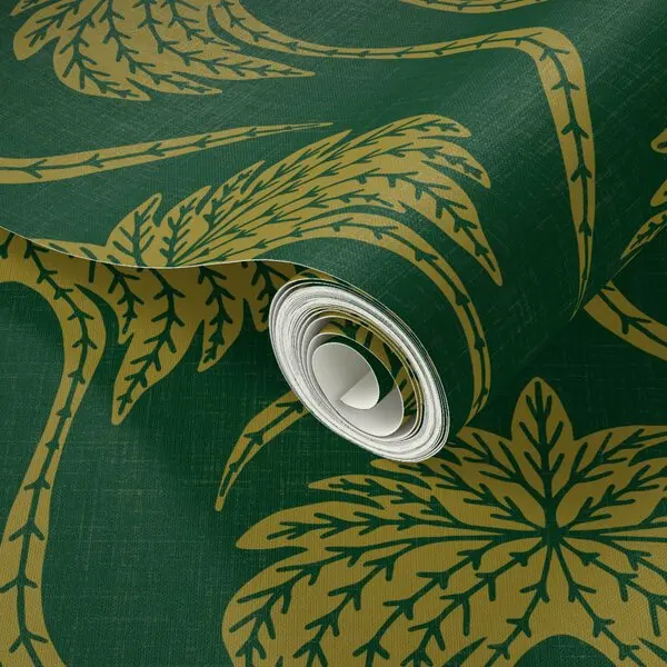 Spoonflower Novelty Dark Green Gold Funky Tropical Custom Pre-pasted Wallpaper - Green,gold,yellow