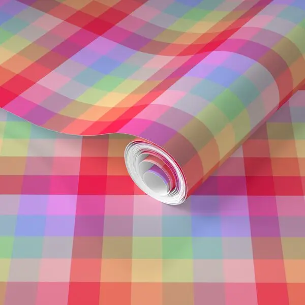 Spoonflower Plaid Picnic Summer Pride Geometric Custom Pre-pasted Wallpaper - Rainbow