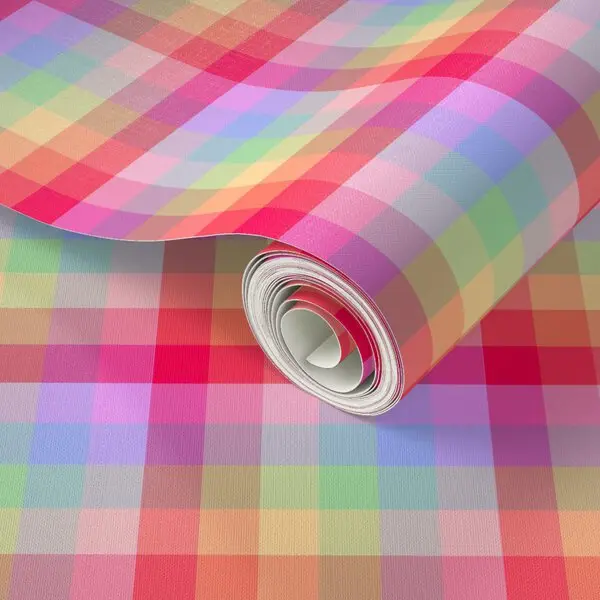 Spoonflower Plaid Picnic Summer Pride Geometric Custom Pre-pasted Wallpaper - Rainbow