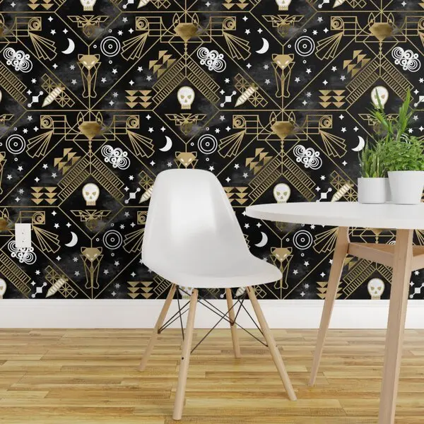 Spoonflower Art Deco Night Black Gold Animals Bats Skull Traditional Wallpaper