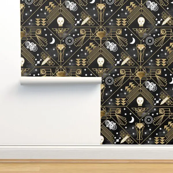 Spoonflower Art Deco Night Black Gold Animals Bats Skull Traditional Wallpaper