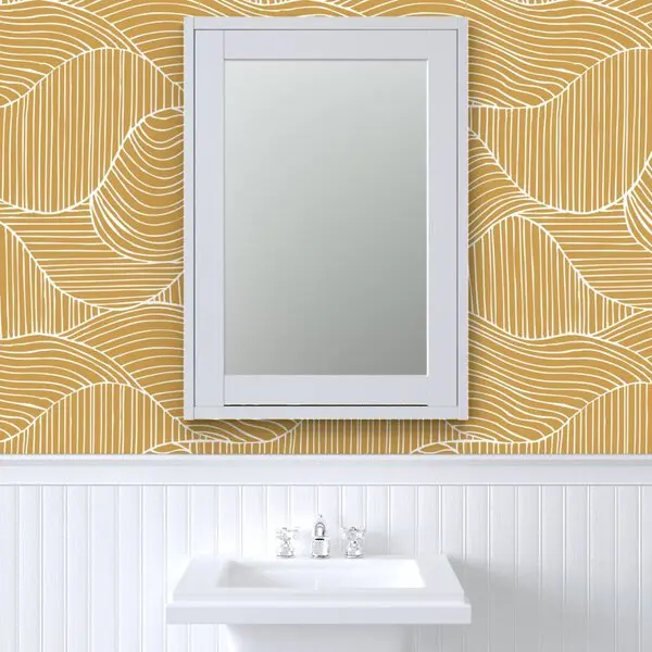 Spoonflower Geometric Waves Stripes Mustard Abstract Custom Pre-pasted Wallpaper