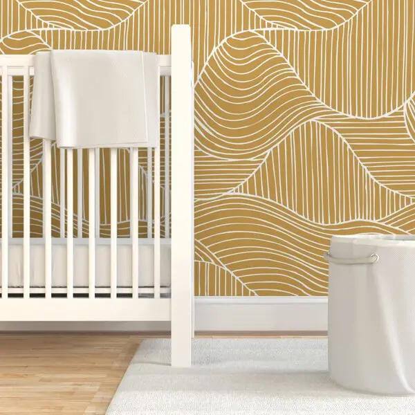 Spoonflower Geometric Waves Stripes Mustard Abstract Custom Pre-pasted Wallpaper