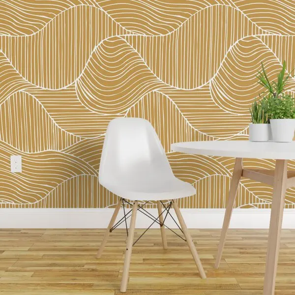 Spoonflower Geometric Waves Stripes Mustard Abstract Custom Pre-pasted Wallpaper