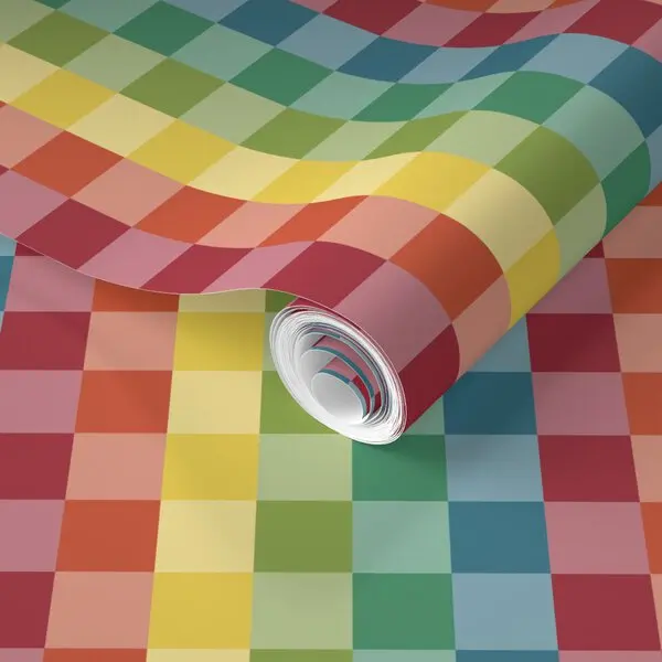 Spoonflower Rainbow Retro Squares Striped Multicolored Custom Pre-pasted Wallpaper