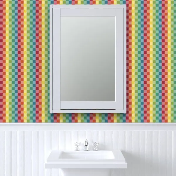 Spoonflower Rainbow Retro Squares Striped Multicolored Custom Pre-pasted Wallpaper