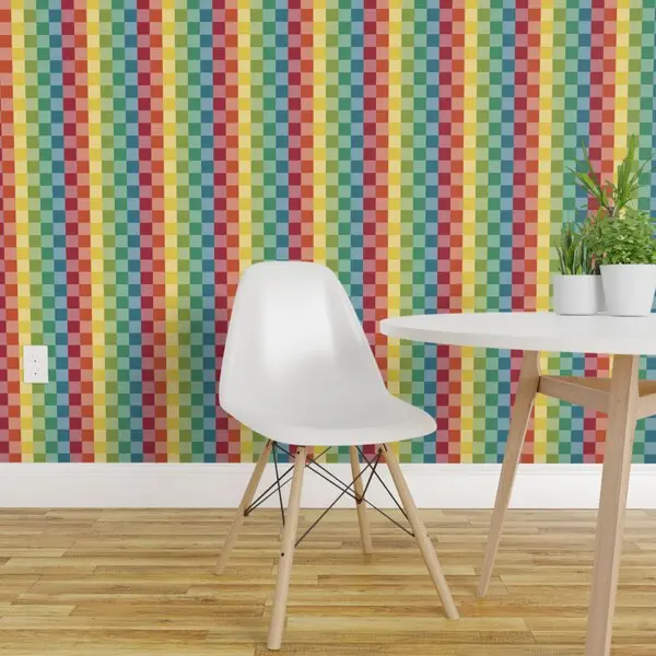Spoonflower Rainbow Retro Squares Striped Multicolored Custom Pre-pasted Wallpaper