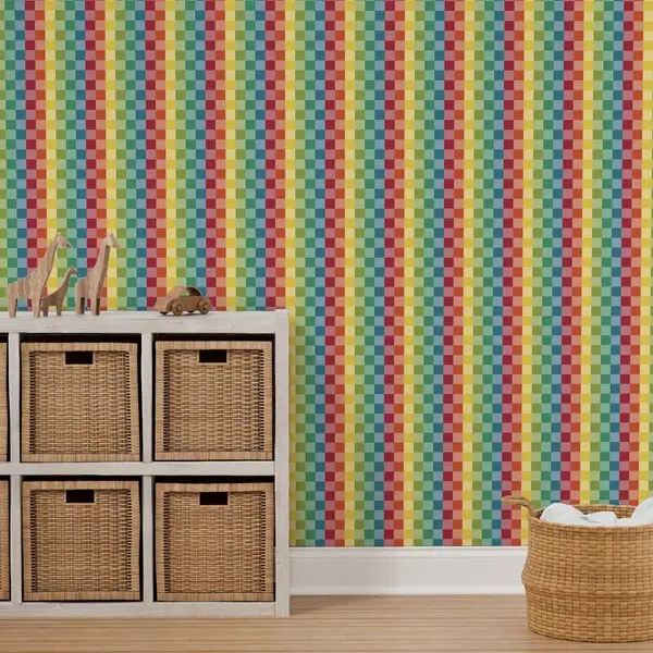 Spoonflower Rainbow Retro Squares Striped Multicolored Custom Pre-pasted Wallpaper