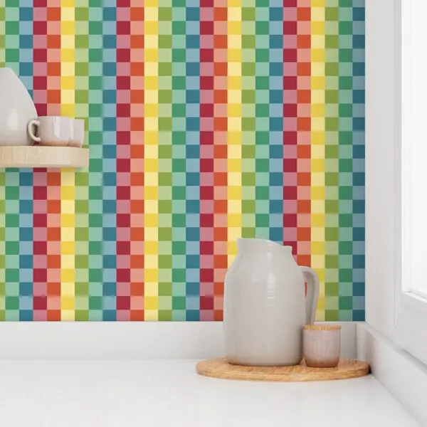 Spoonflower Rainbow Retro Squares Striped Multicolored Custom Pre-pasted Wallpaper