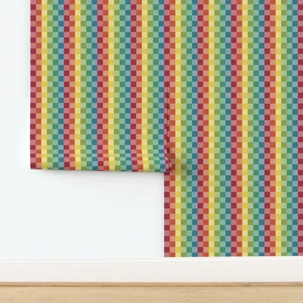 Spoonflower Rainbow Retro Squares Striped Multicolored Custom Pre-pasted Wallpaper