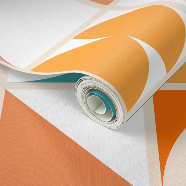 Spoonflower Bold Minimal Summer Shapes Teal Orange Neutral Custom Pre-pasted Wallpaper - Orange,blue,teal