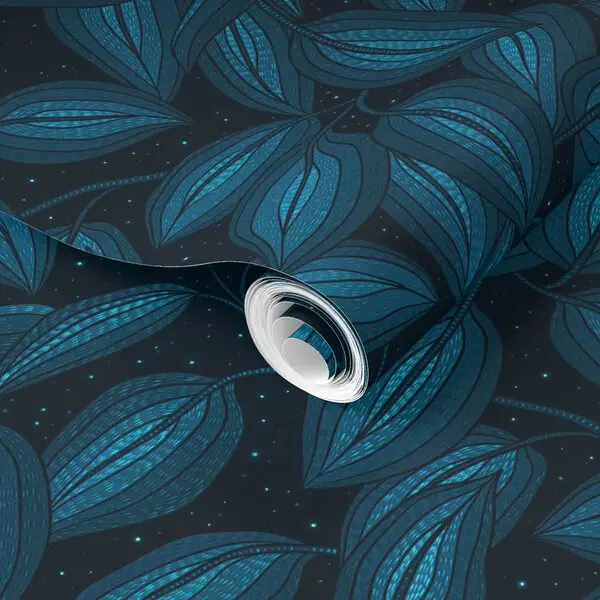 Spoonflower Tropical Flora Leaves Teal Moody Jewel Tone Custom Pre-pasted Wallpaper - Blue