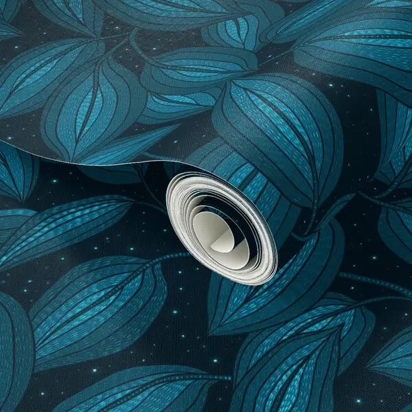 Spoonflower Tropical Flora Leaves Teal Moody Jewel Tone Custom Pre-pasted Wallpaper - Blue