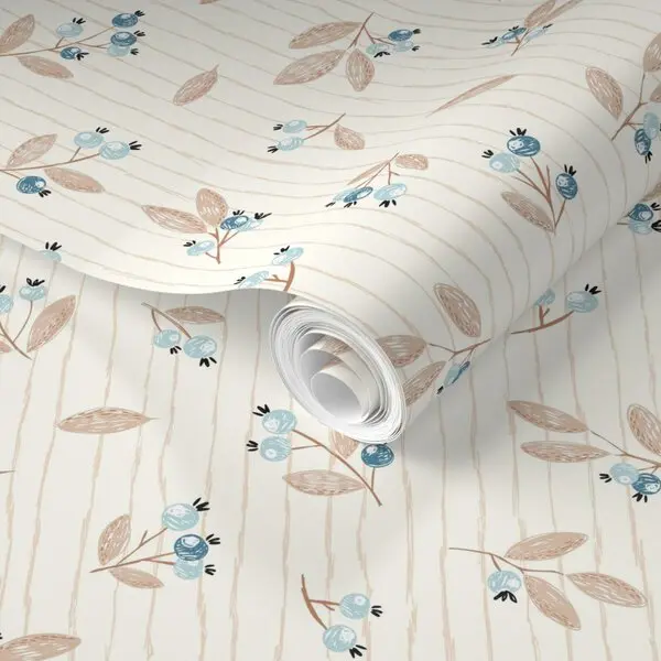 Spoonflower Blueberries Cream Cottagecore Inspired Blue Floral Custom Pre-pasted Wallpaper - Blue,beige