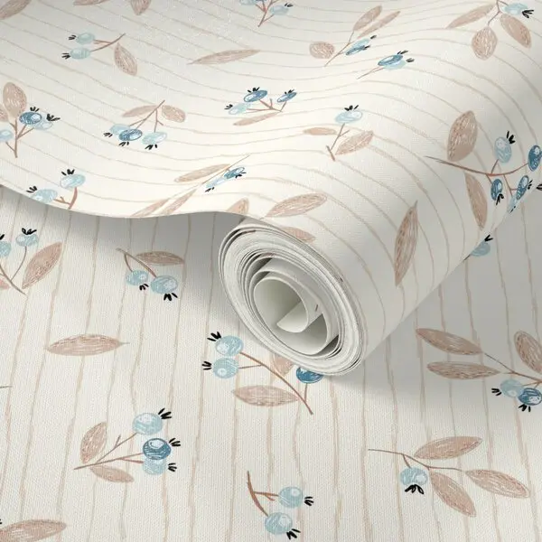 Spoonflower Blueberries Cream Cottagecore Inspired Blue Floral Custom Pre-pasted Wallpaper - Blue,beige