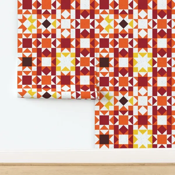 Spoonflower Barn Quilt Fall Ccolors Geometric Seasonal Custom Pre-pasted Wallpaper - Orange