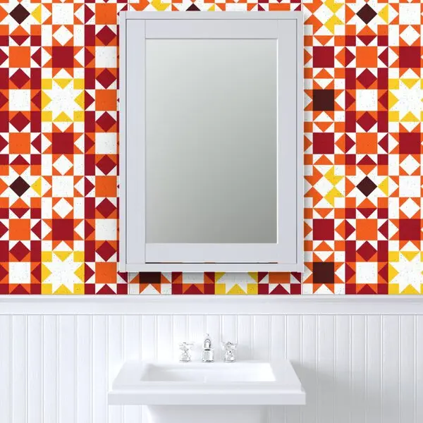 Spoonflower Barn Quilt Fall Ccolors Geometric Seasonal Custom Pre-pasted Wallpaper - Orange