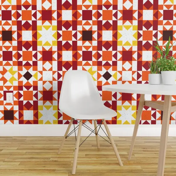 Spoonflower Barn Quilt Fall Ccolors Geometric Seasonal Custom Pre-pasted Wallpaper - Orange
