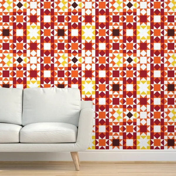 Spoonflower Barn Quilt Fall Ccolors Geometric Seasonal Custom Pre-pasted Wallpaper - Orange