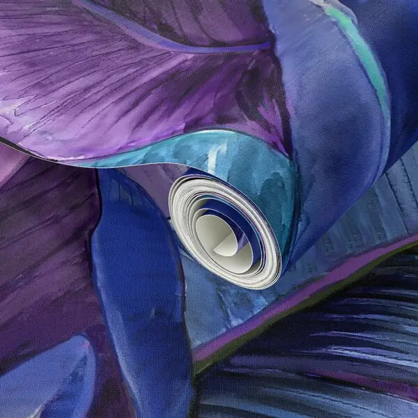 Spoonflower Tropical Banana Grove Purple Violet Flora Custom Pre-pasted Wallpaper - Purple,blue