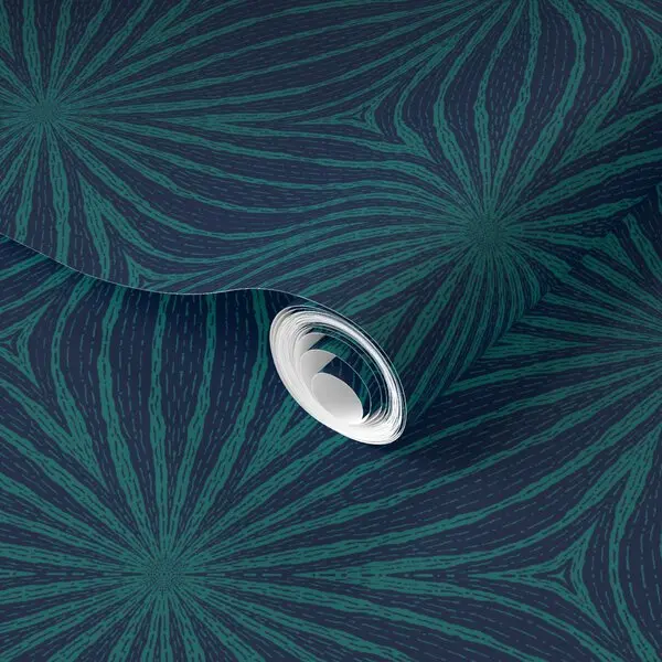 Spoonflower Hibiscus Dreams Dark Blue Teal Flower Floral Traditional Wallpaper - Blue,green,teal