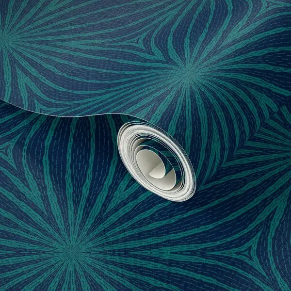 Spoonflower Hibiscus Dreams Dark Blue Teal Flower Floral Custom Pre-pasted Wallpaper - Blue,green,teal