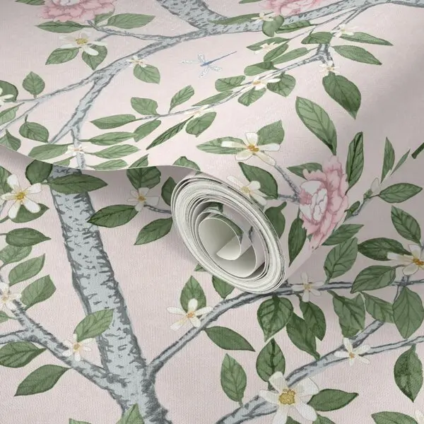 Spoonflower Pale Pink Climbing Citrus Grove Peonies Floral Custom Pre-pasted Wallpaper - Pink,green